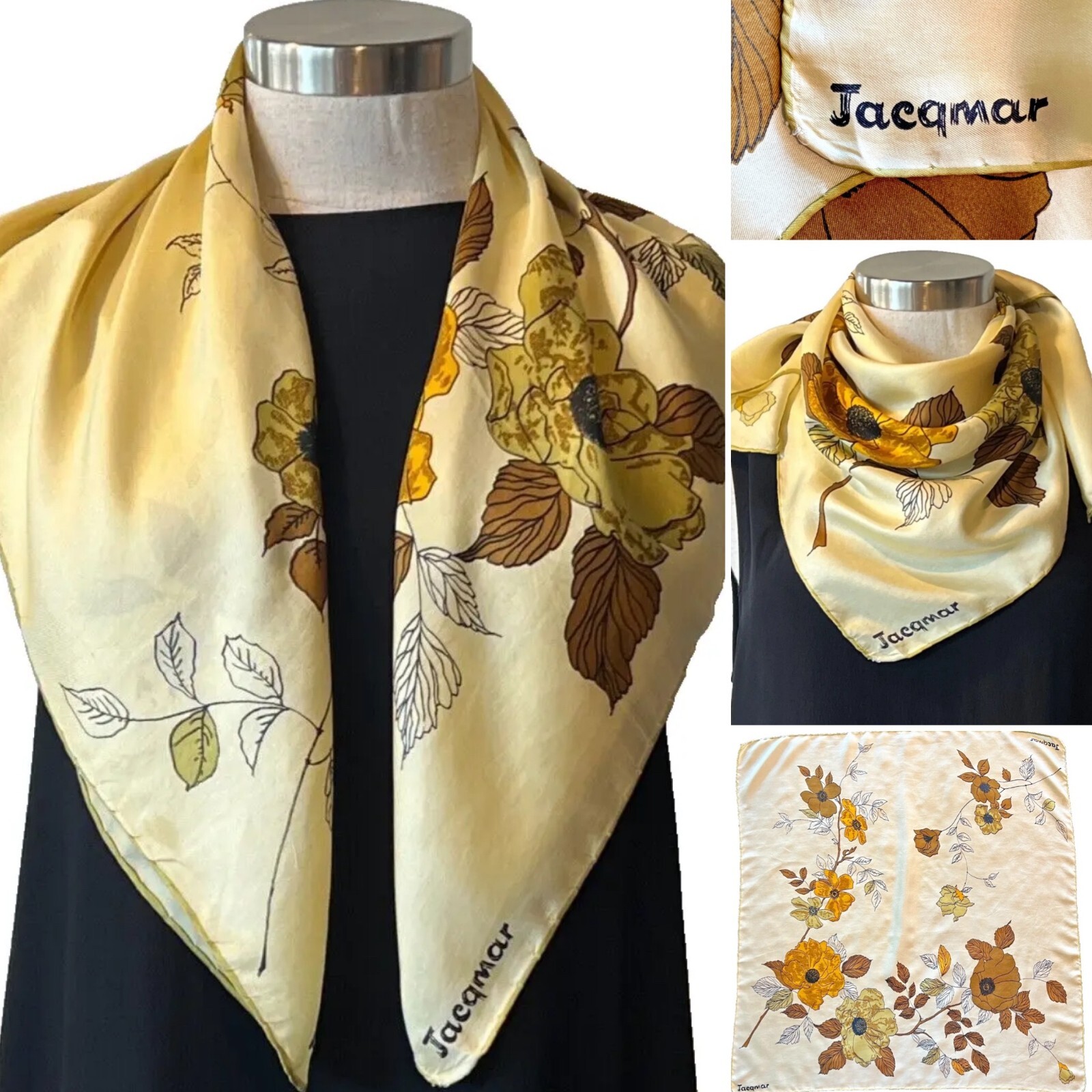 Jacqmar London Silk Twill Lemon Floral SCARF 70cm x 70cm Handroll Hem ...