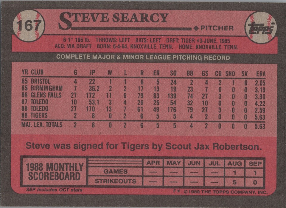 Steve Searcy Future Star 1989 Topps Baseball Card #167 Detroit Tigers ...