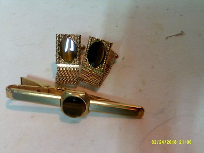 VINTAGE GOLD TONE TIGERS EYE TIE CLIP & CUFFLINK SET | eBay