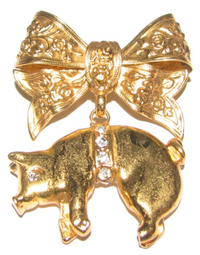 Butler & Wilson Brooch Gold-tone Pig / Piglet with Bow Rhinestones ...