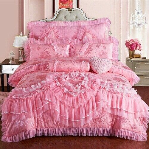 Pink Lace Princess Bedding Set King Queen Size Cotton Bed Duvet Cover ...