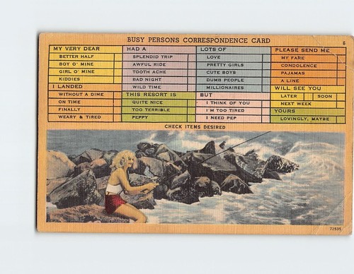Postcard Busy Persons Correspondence Card with Lady Fishing Breakers ...