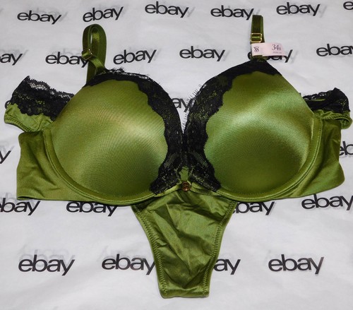 NEW Victoria's Secret Bombshell Plunge Bra 34B Green Satin & Thong Set ...