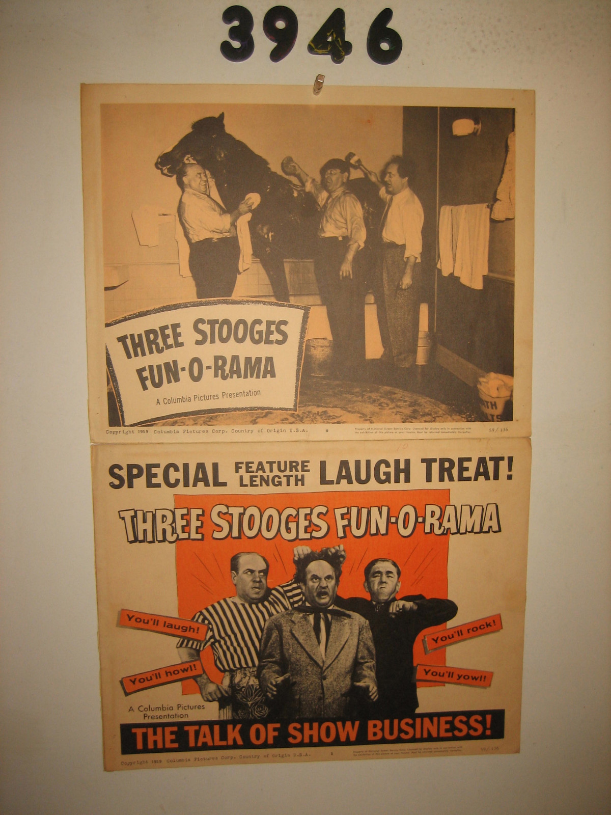 Three Stooges Fun-O-Rama Orig, 2 Lobby Cards '59 Moe Howard, Larry ...