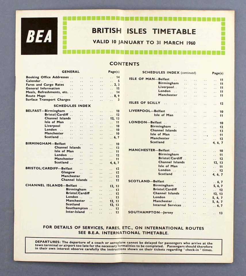 BEA BRITISH EUROPEAN AIRWAYS BRITISH ISLES AIRLINE TIMETABLE WINTER ...