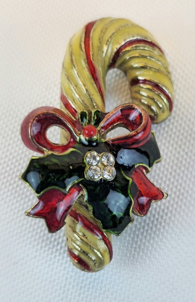 Vintage Candy Cane Brooch Gold Tone with Clear Stones and Enamel ...