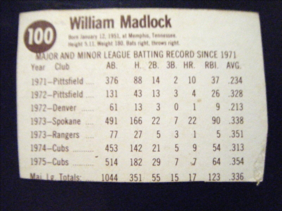 BILL MADLOCK 1976 Hostess SP BROWN BACK baseball card CUBS DING DONGS ...