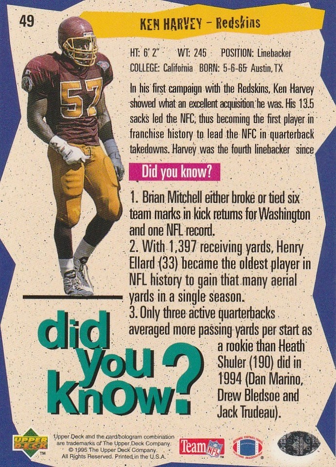 1995 Collector's Choice Ken Harvey Redskins #49 Lanier Poets Navarro ...