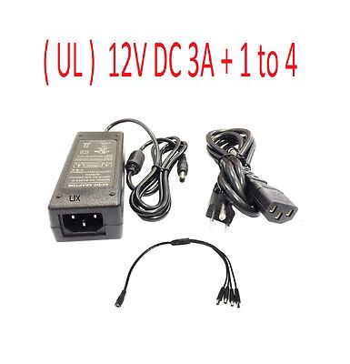 12V DC 3A Power Supply Adapter with 4 Port Splitter Security Camera for ...