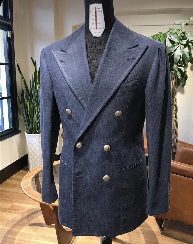 Denim Men's Suits Double Breasted Wide Peak Lapel Formal Blazer Wedding ...