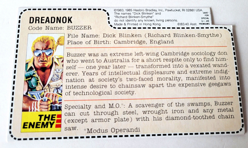 1985 1983 GI Joe Mail Away Buzzer Dreadnok Redback File Card Hasbro | eBay