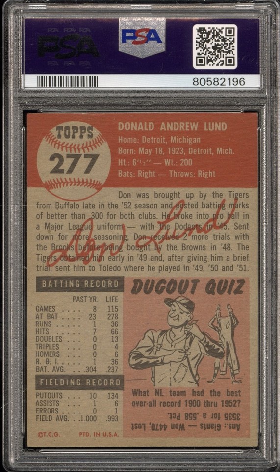 1953 Topps #277 Don Lund - PSA VG-EX 4 - Detroit Tigers - CENTERED ...