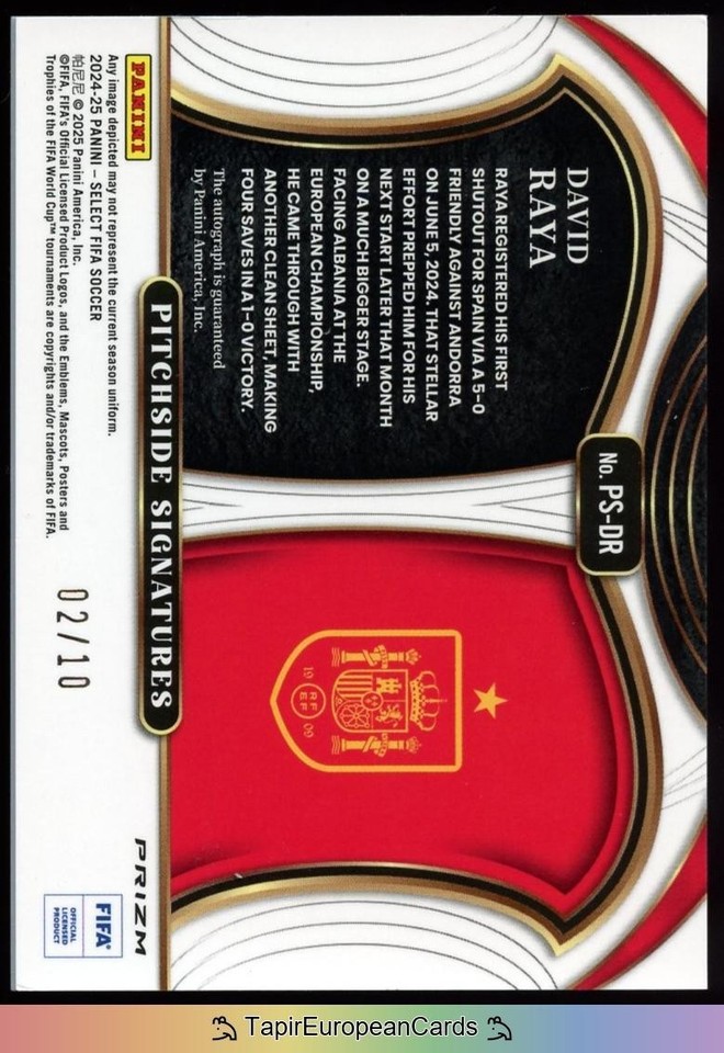 /10 GOLD David Raya Panini Select 2024 Auto Autograph Arsenal Spain PS ...