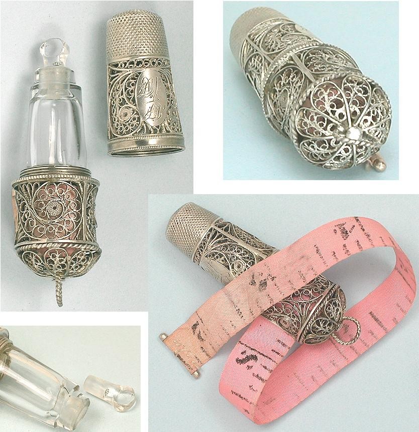 Antique Sterling Silver Filigree Thimble / Tape Measure / Perfume ...