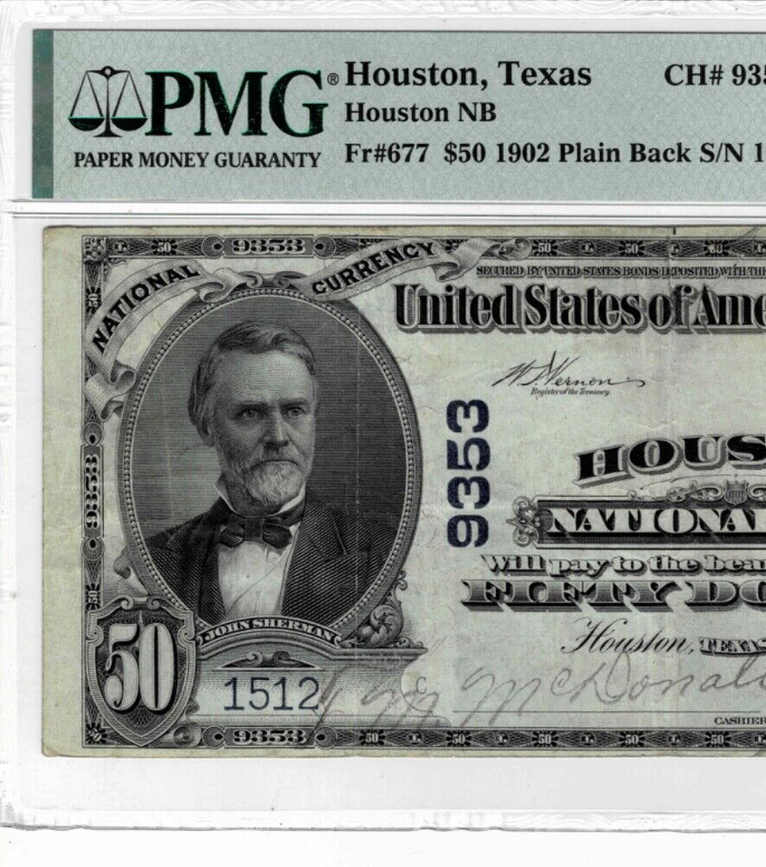 1902 $50 National Bank 'Plain Back' note (Houston,TX) Ch#9353--PMG VF ...