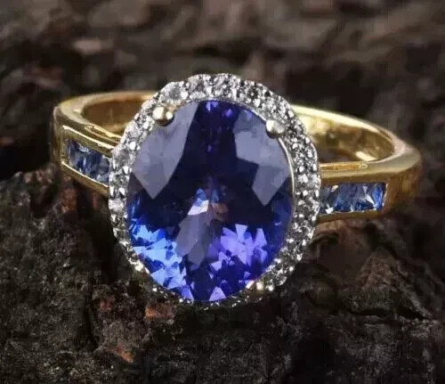 2Ct Oval Cut Lab-Created Tanzanite Engagement Halo Rings 14K Yellow ...