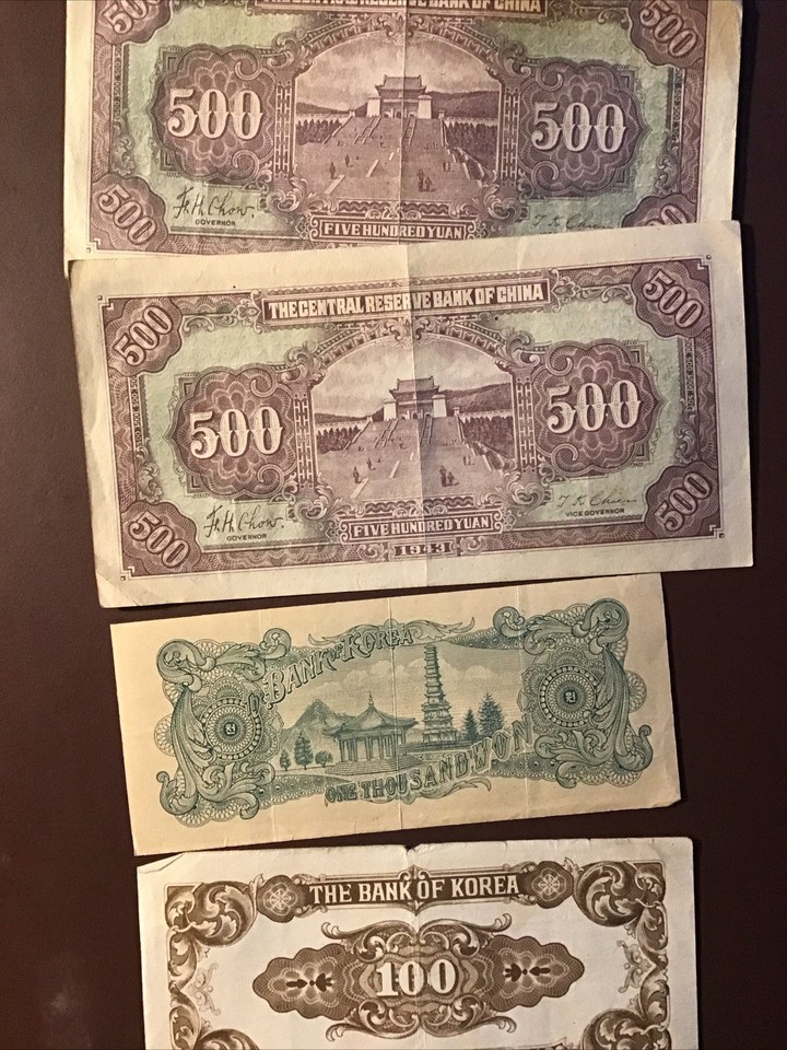 South Korea 1000 Won 1952 Note, (2) 1943 500 Notes, + 100 Won Note ...