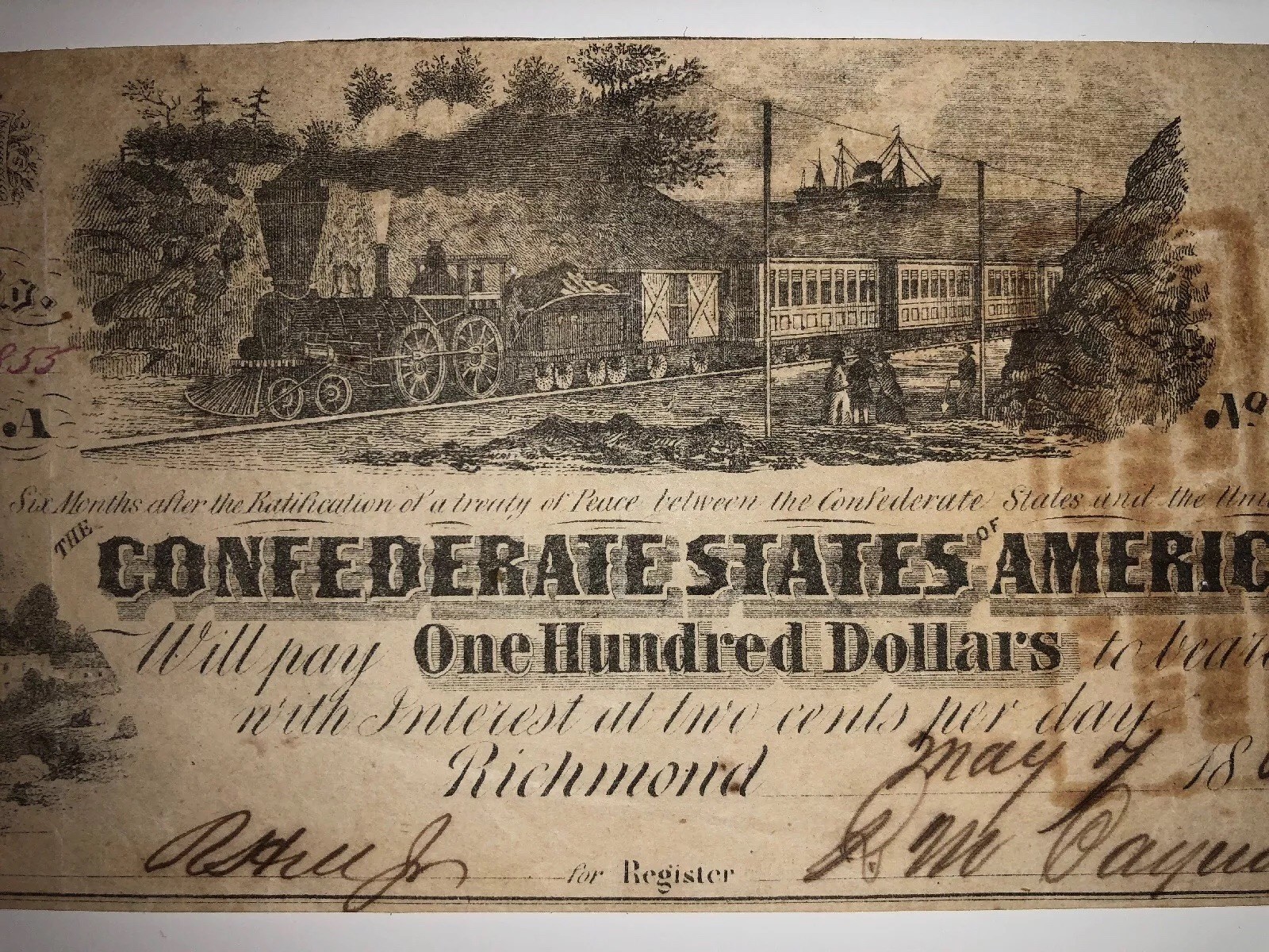 CSA 1862 Confederate Currency $100 Bank Note Train Paddleboat #1853 | eBay