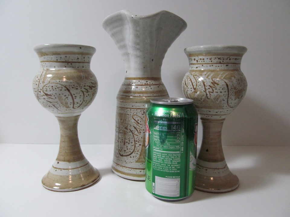 VINTAGE HAGE STONEWARE PITCHER AND 2 GOBLETS HANDCRAFTED ART POTTERY ...