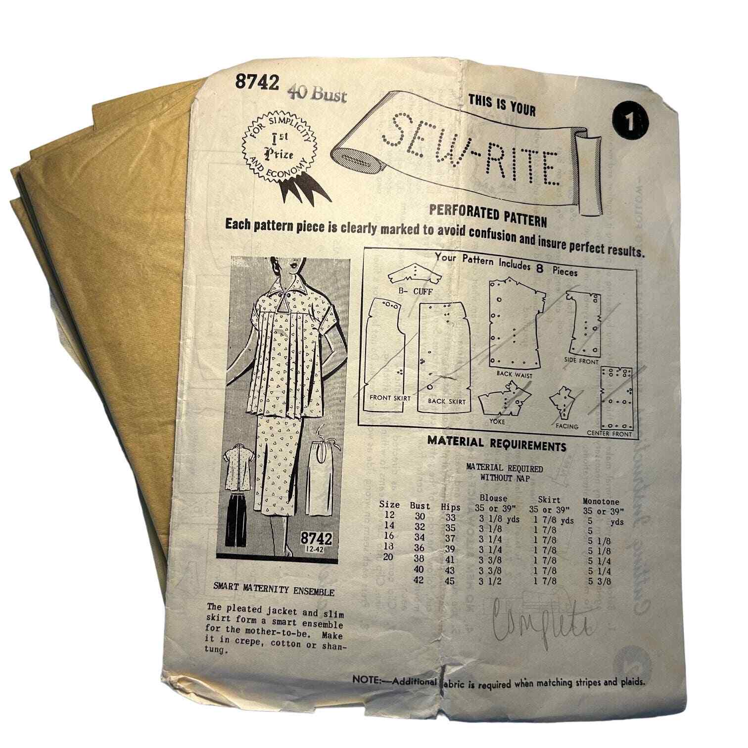 Sew Rite Vintage Mail Order Pattern #8742 Maternity Ensemble Sz 40 Bust ...