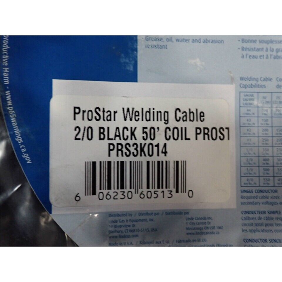 Linde PRS3K014 ProStar Welding Cable, 50' Coil, 2/0 AWG, STR, Black ...