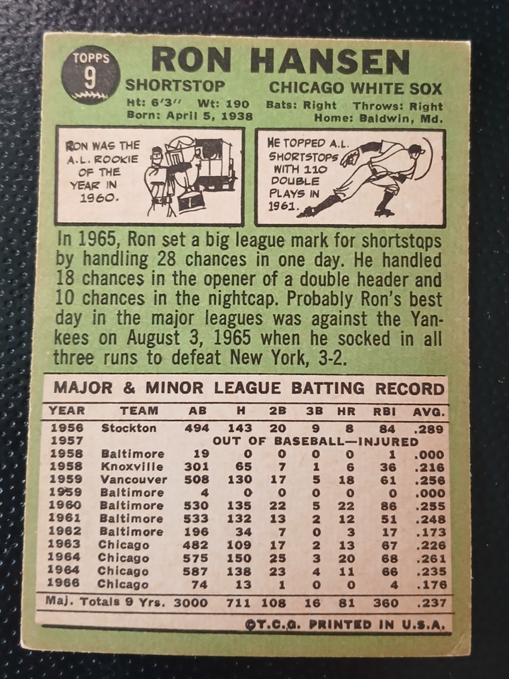 1967 - TOPPS - BASEBALL CARD - RON HANSEN - # 9 (A09) | eBay