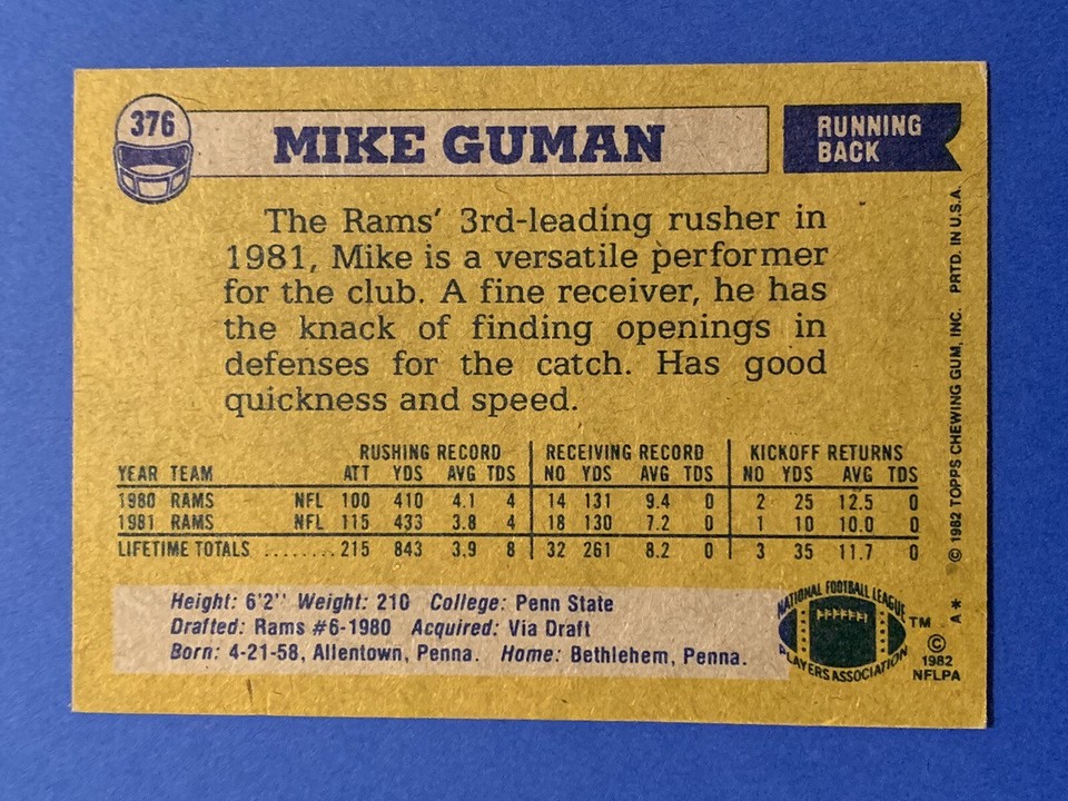 MIKE GUMAN Signed 1982 Topps #376 LA Rams Penn State Autograph Auto A ...