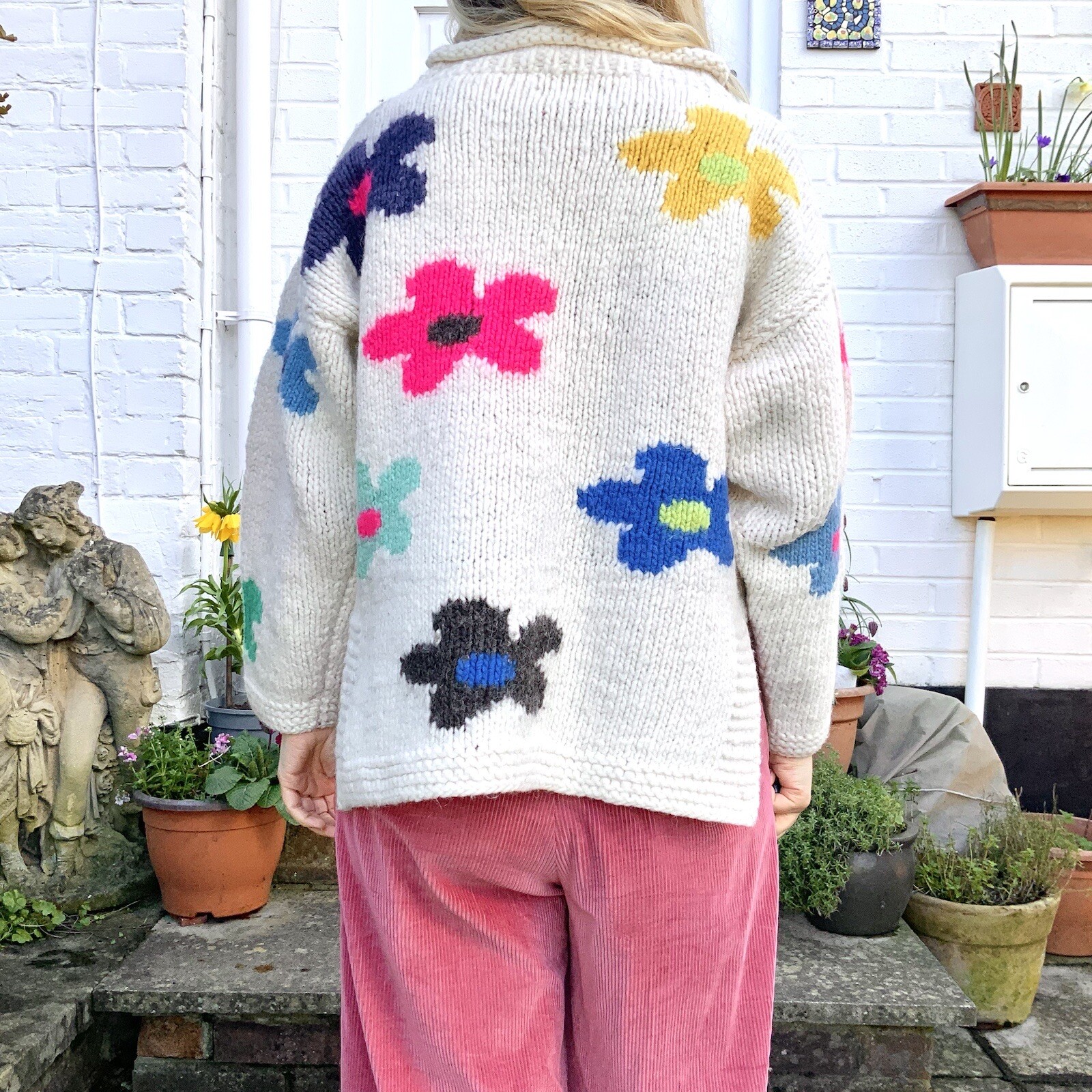 Vintage Floral Daisy Jumper White S-M Wool Handknit Handmade Pachamama ...