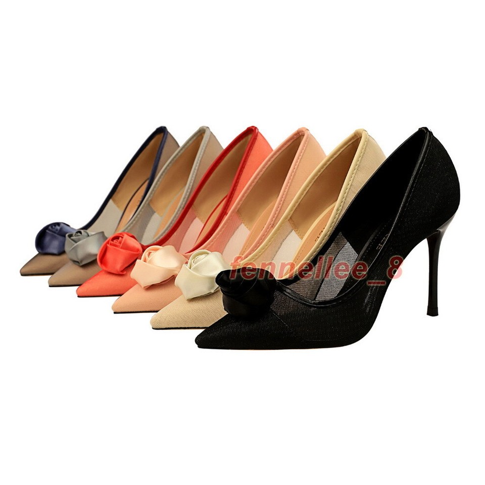 Women's Stiletto High Heels Flower Mesh Pointed Toe Slip on Pumps Dress ...