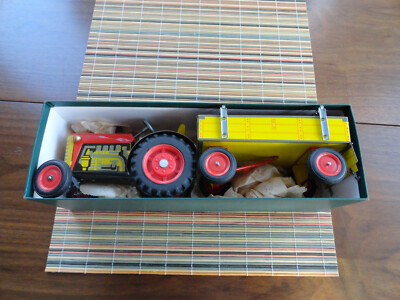 Vintage Schylling Tractor Trailer Key Wind Up Tin Toy Original Box ...