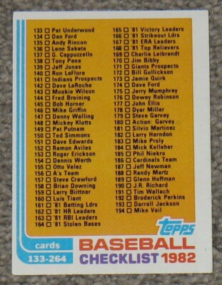 1982 Topps -2ND SERIES CHECKLIST - UNMARKED - EX-MINT - FREE SHIPPING ...