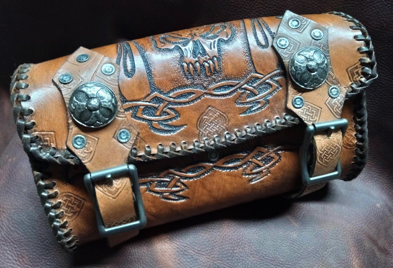 leather tooled motorcycle tool bag handlebars viking skull chopper ...