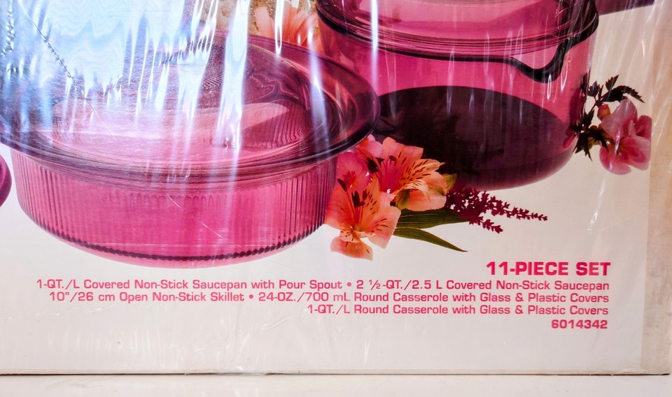 Vtg VISIONS Cranberry Corning Pyrex Glass Pink Cookware, 11-pcs Set New ...