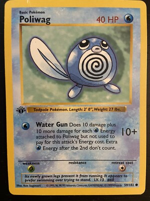 Poliwag 59/102 1st Edition Base Set 1999 Pokemon Shadowless - Original ...