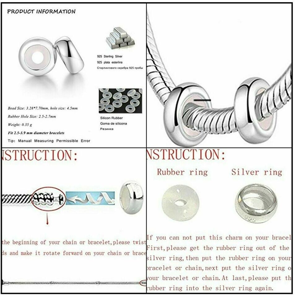 Sterling Silver Bead Spacers Clip Lock Stopper Charm Pandora Bracelet ...