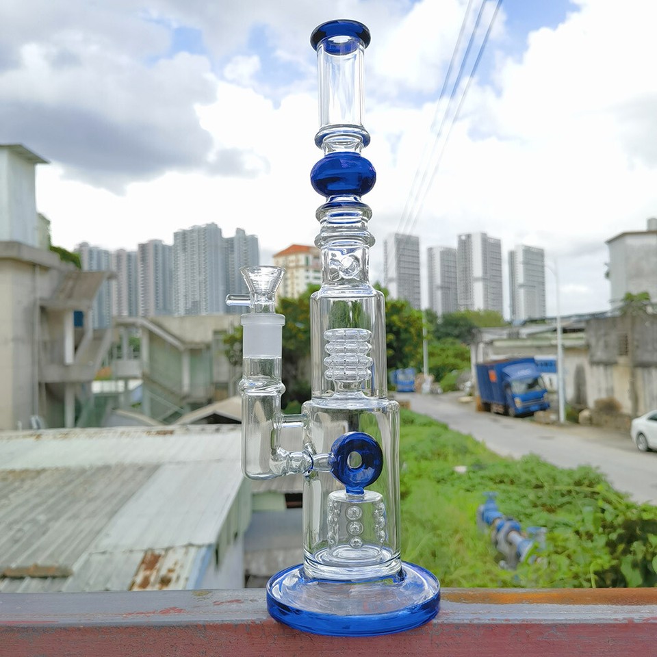 15inch Blue Glass Bong Honeycomb Water Pipe Smoking Shisha Bubbler ...