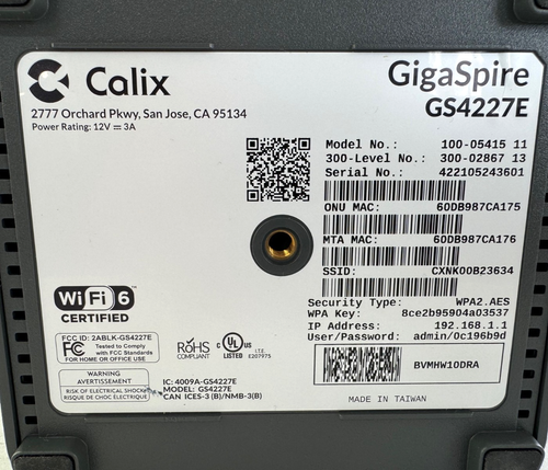 Calix GigaSpire Model GS4227E 100-05415, Gigabit Wi-Fi 6 Router *Device ...