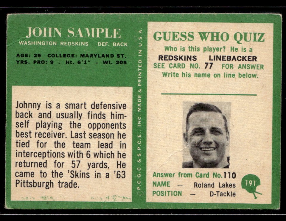 1966 Philadelphia #191 Johnny Sample Football | eBay