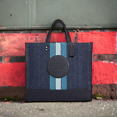 NWT Coach CA593 Dempsey Tote Bag 40 w Stripe & Patch Blue Straw ...