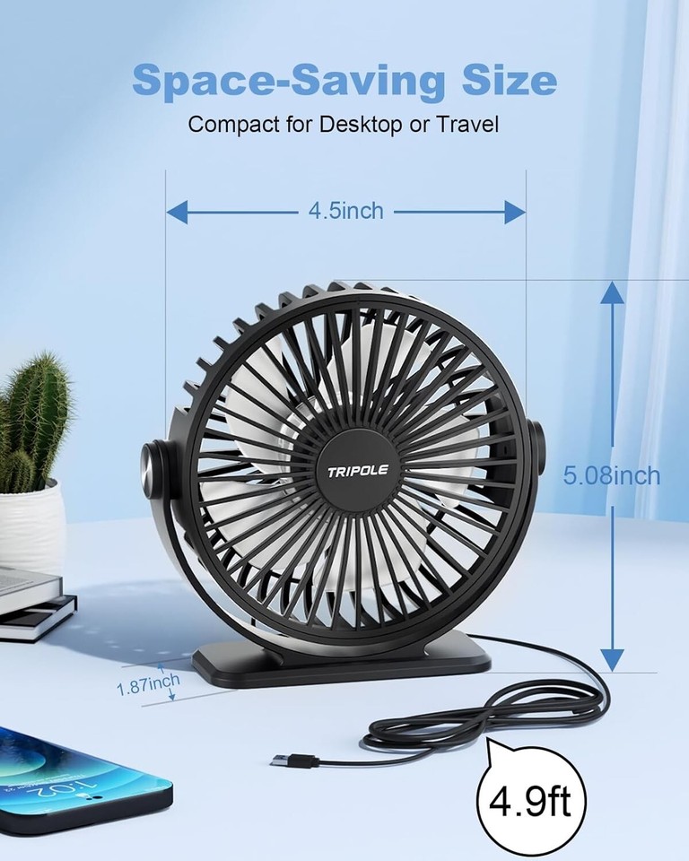 TriPole USB Desk Fan Portable 3-Speed Mini Fan with 360° Rotation ...
