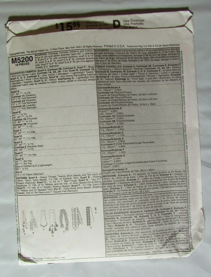 New McCall's Pattern 5200 Scarves Fashion Accessories | eBay