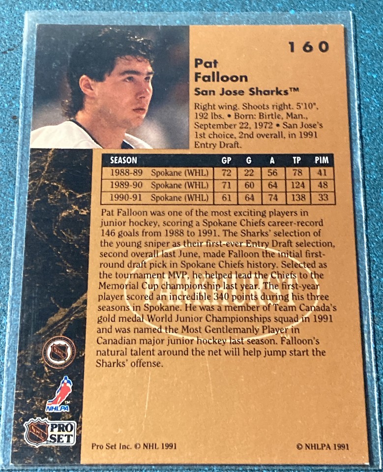1991-92 Parkhurst Pat Falloon Rookie Hockey Card RC #160 San Jose ...