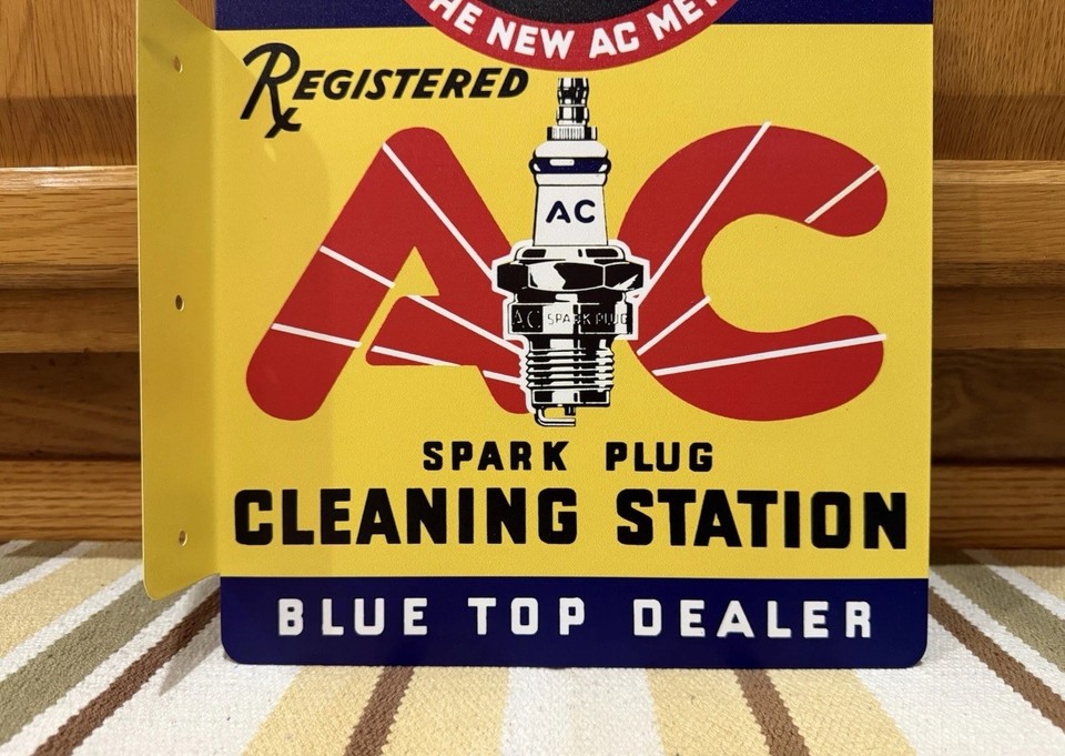 AC Spark Plug Flange Sign Metal Double Sided Sparky Vintage Style Wall ...