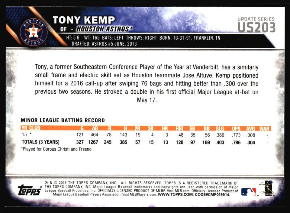 2016 Topps Update Tony Kemp Rookie #US203 Houston Astros | eBay