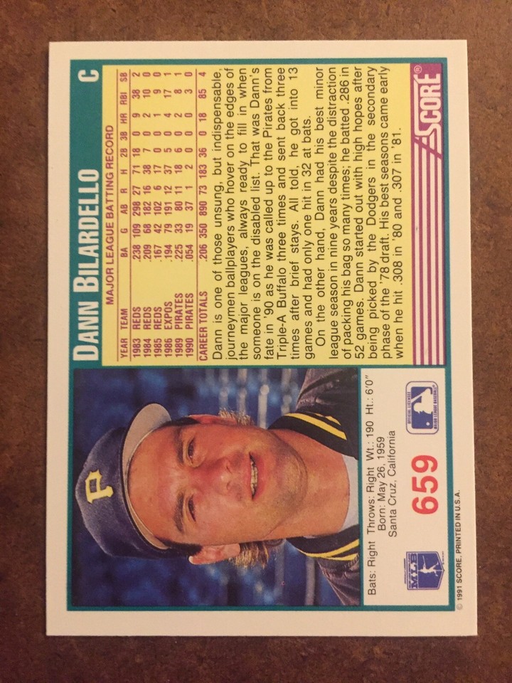 Dann Bilardello 659 Score 1991 MLB Baseball Trading Card | eBay