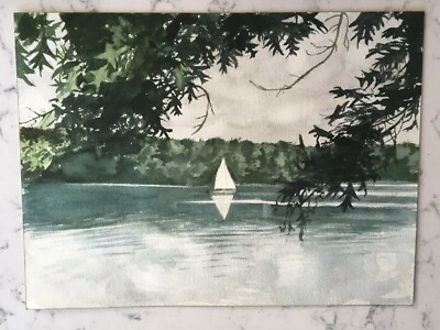 TOOBY BURTON YELLOWSTONE ARTIST WATERCOLOR PAINTING SAILBOAT WOODED ...