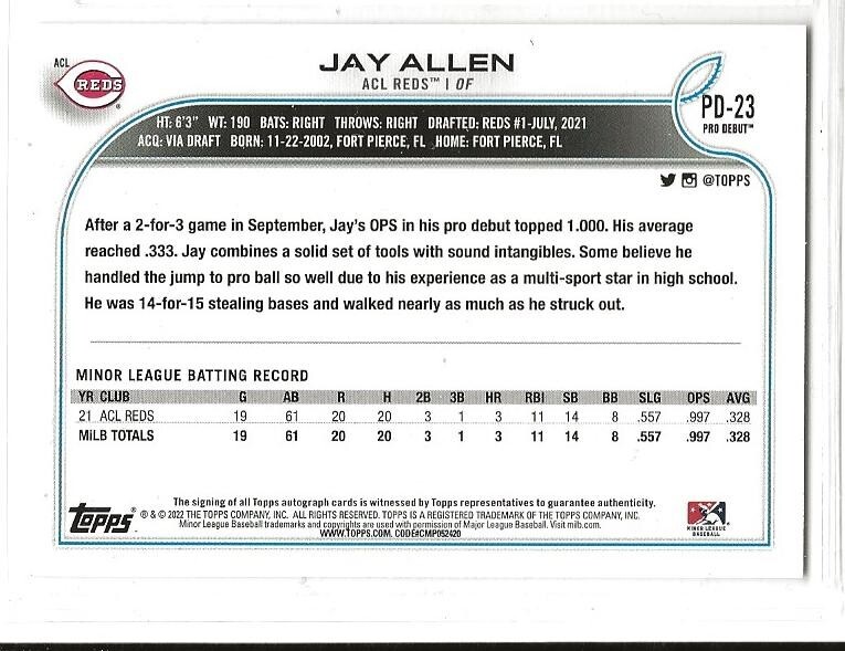 2022 Topps Pro Debut Jay Allen Autograph #PD-23 ACL Reds | eBay