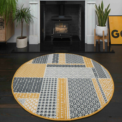 Traditional Ochre Yellow Patchwork Rugs Grey Check Circle Round Dining ...