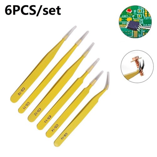 6pcs Yellow Hand Tool Tweezer Forceps Stainless Steel Tip Anti-magnetic ...
