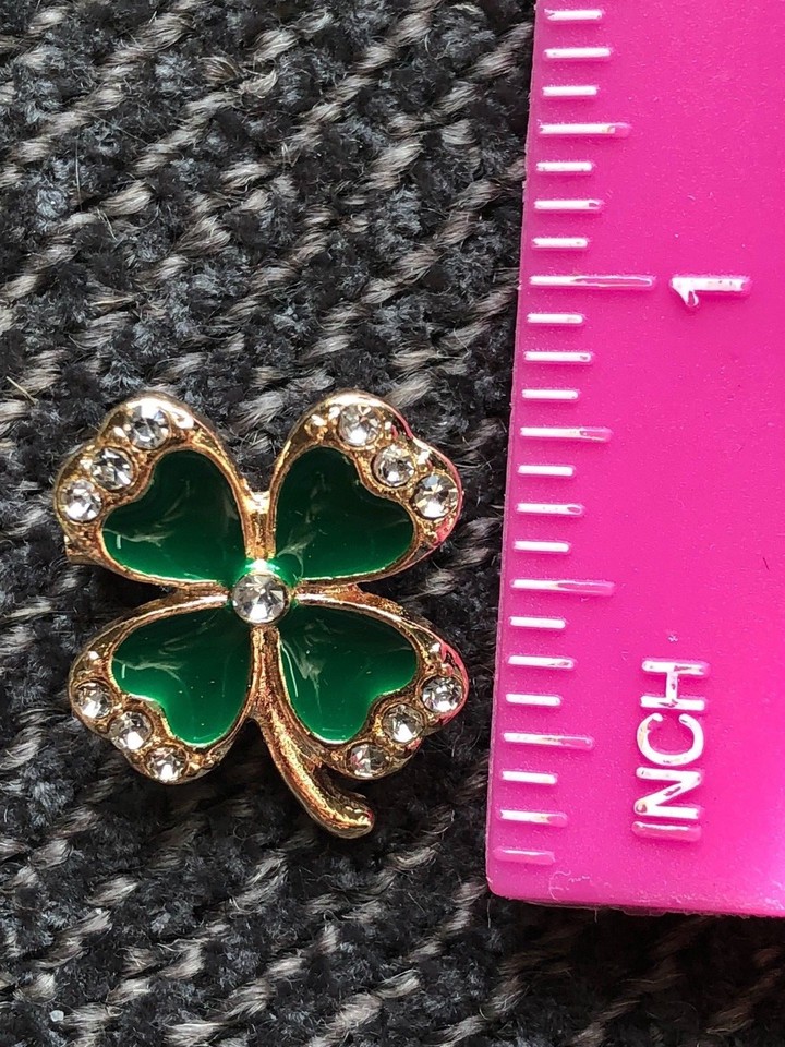 shamrock Brooch pin clear rhinestones green enamel gold tone .75"X .75 ...